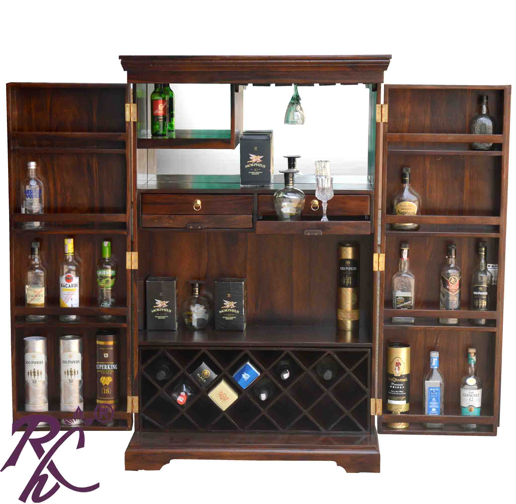 Solid Wood Brass Work L+T Design Bar Cabinet - RAJ HANDICRAFT