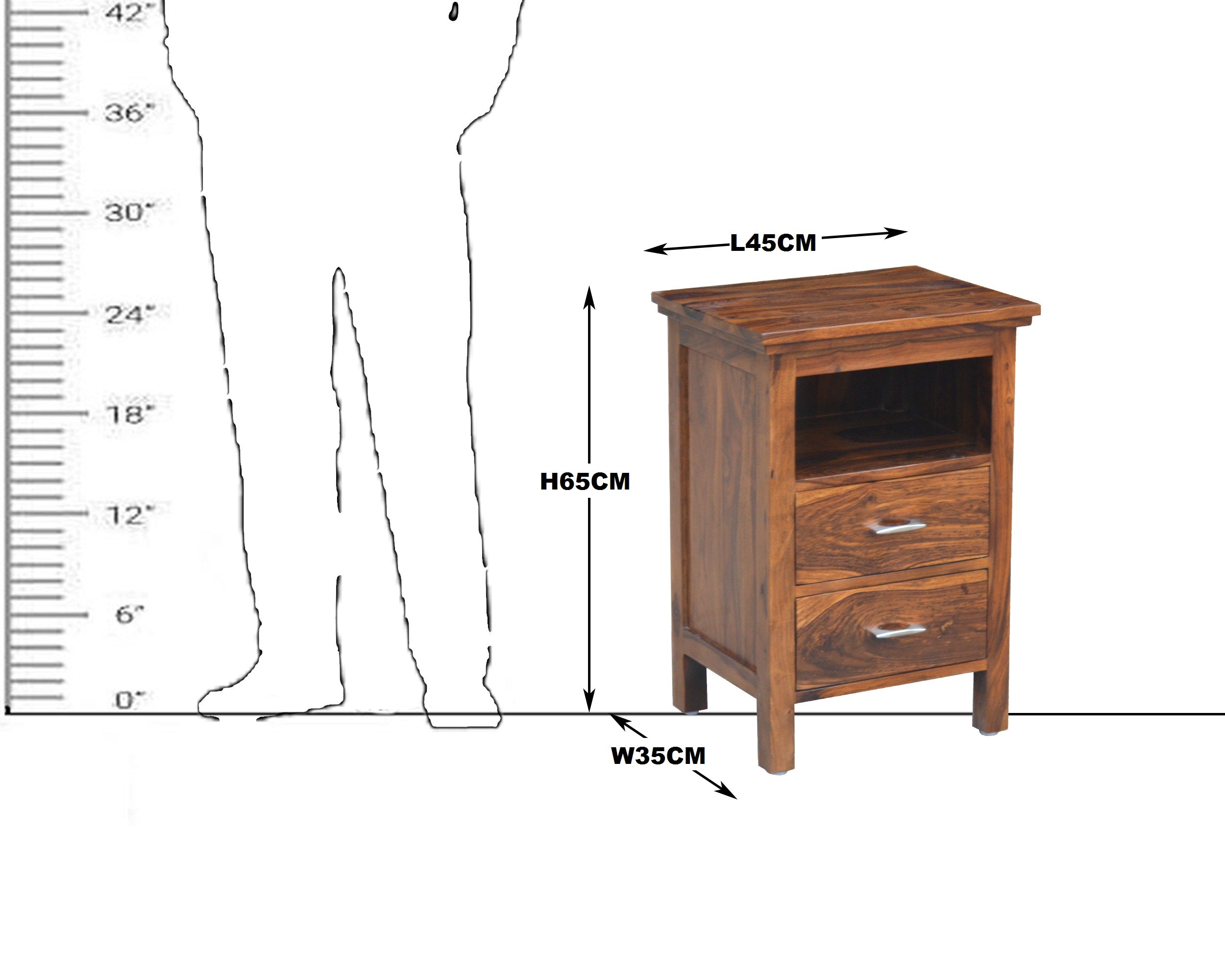 Solid Wood Bed Side Table 2 Drawer 1 Open Shelf - RAJ HANDICRAFT