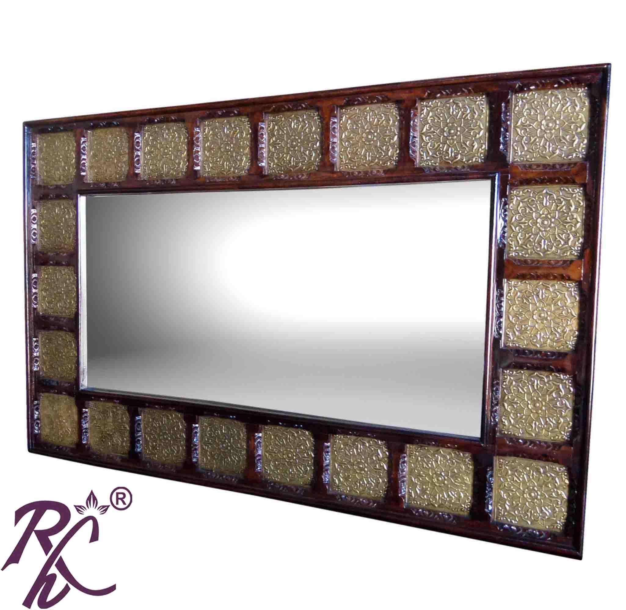 Solid Wooden Brass Work Mirror Frame - RAJ HANDICRAFT