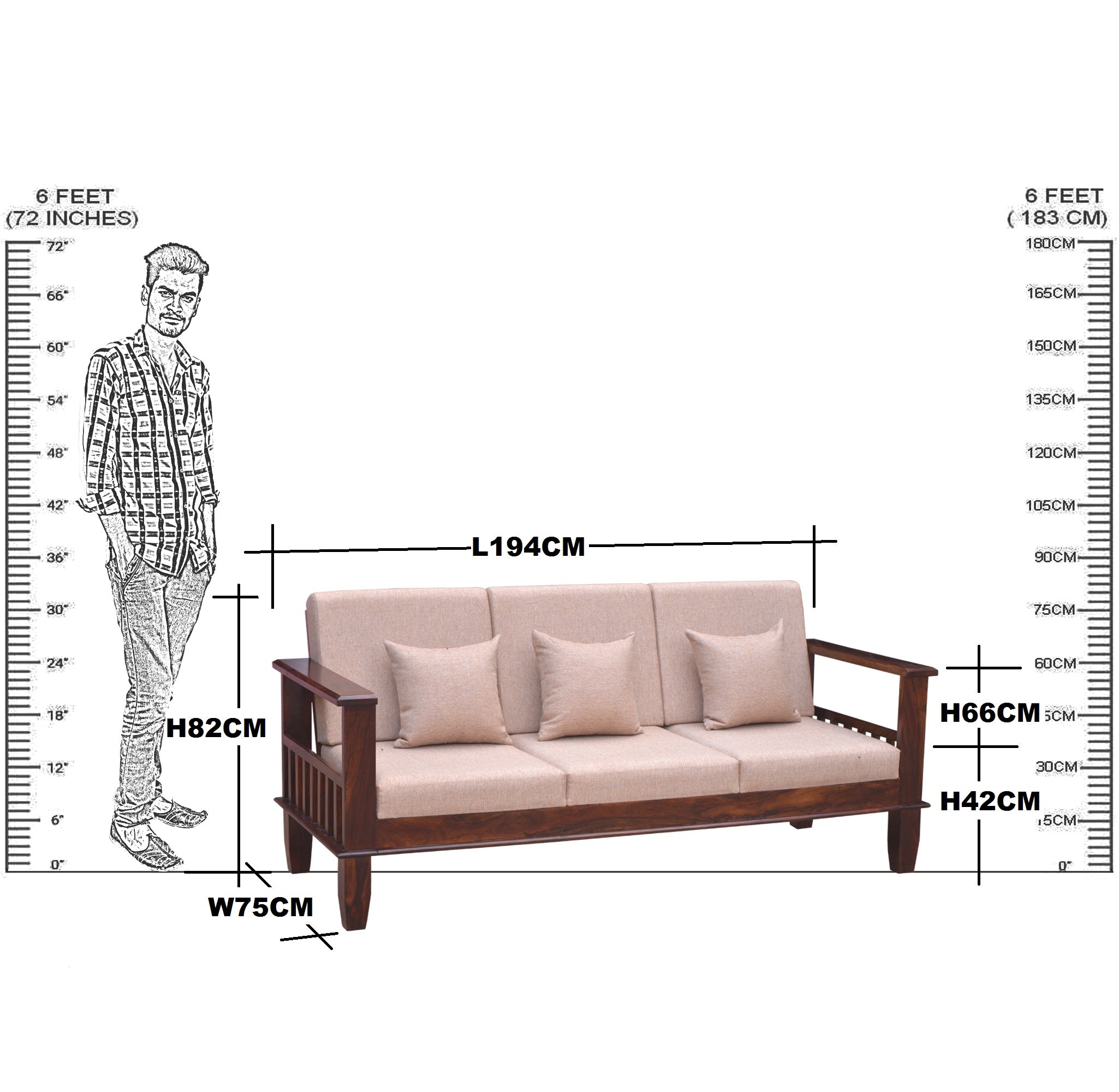 Solid Wood Magazine Holder Sofa 3 Seater - RAJ HANDICRAFT