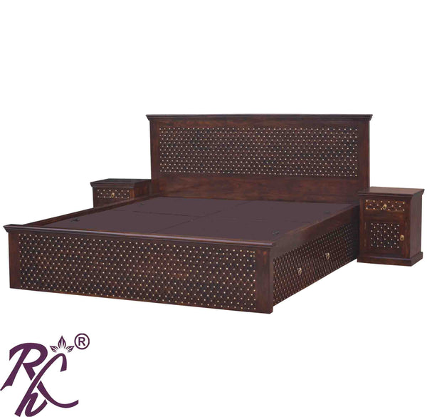 Solid Wood King Size Jiksa Jali Design Bed With Side Full Drawer - RAJ ...