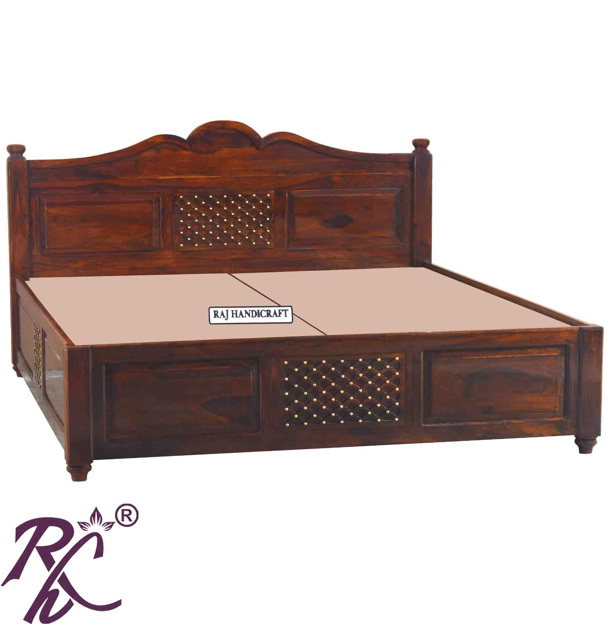 Solid Wood Jiksa Jali Design King Size Bed With Storage - RAJ HANDICRAFT