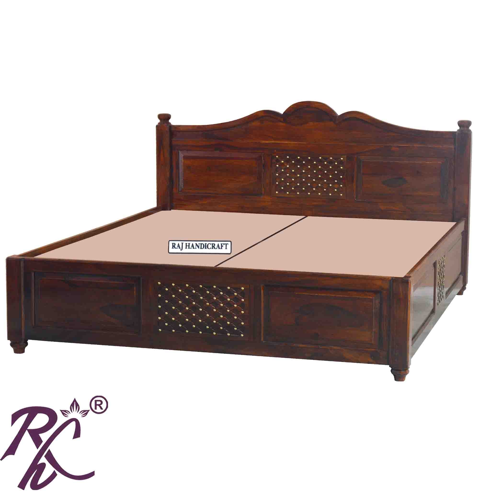 Solid Wood Jiksa Jali Design King Size Bed With Storage - RAJ HANDICRAFT