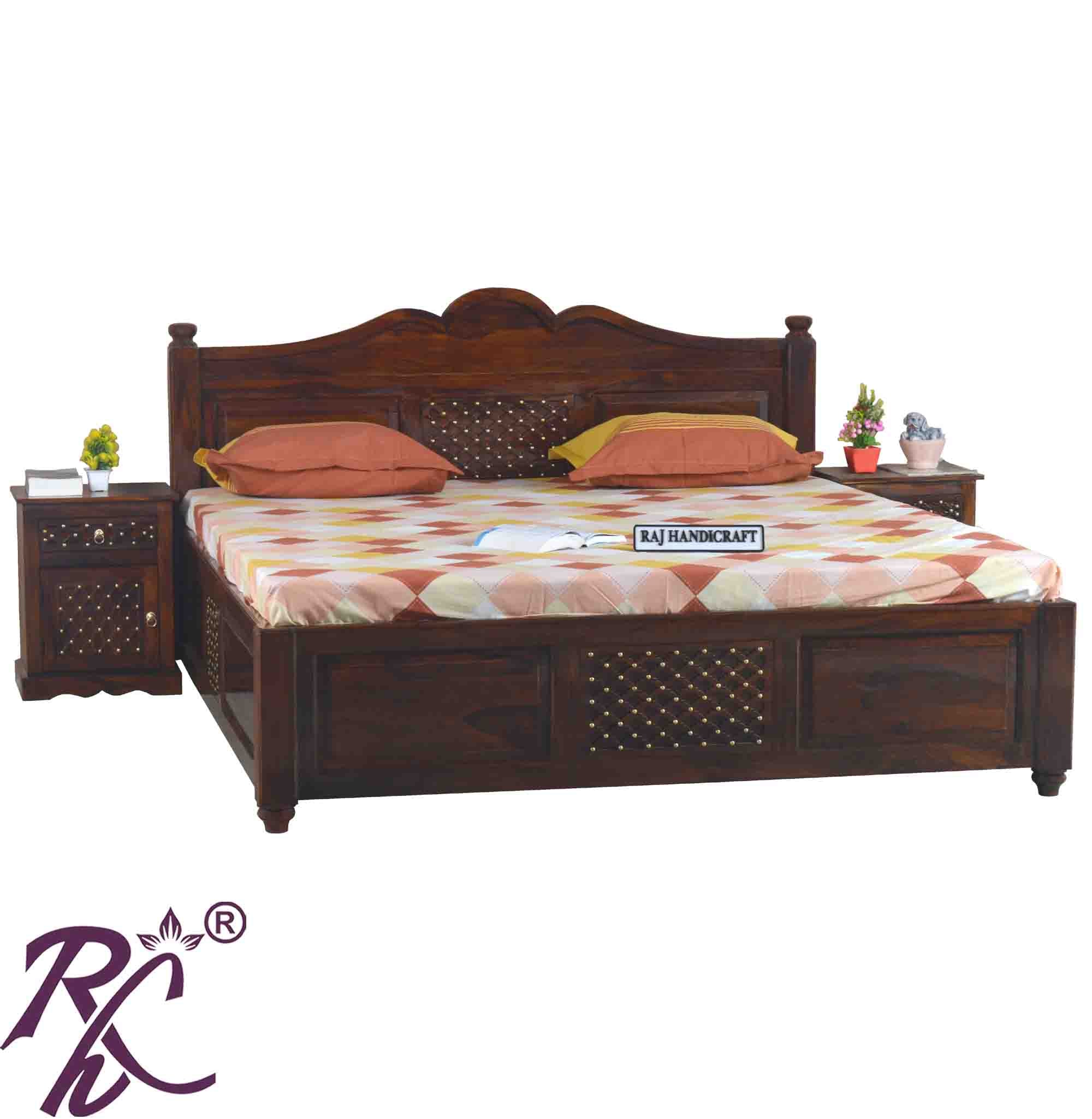 Solid Wood Jiksa Jali Design King Size Bed With Storage - RAJ HANDICRAFT